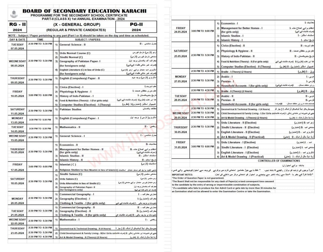 10th Class Date Sheet 2024 Karachi Board Announced